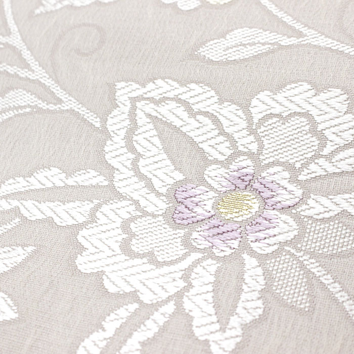 正絹・名古屋帯【お仕立付き】薄グレーベージュ色 唐花唐草 透かし織り 弥栄 nagoyaobi-128【小紋・色無地向け】【おしゃれ帯】【お ...